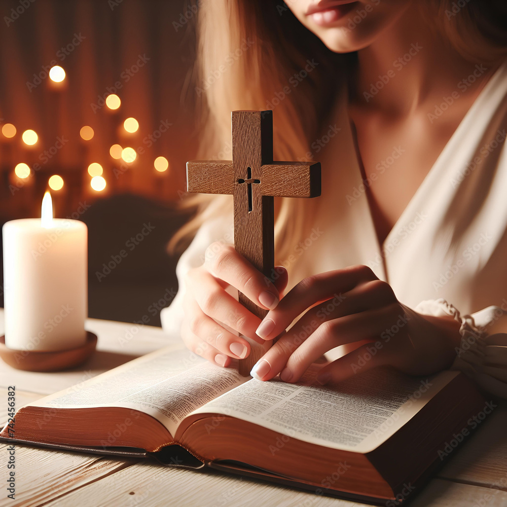 Female god believer holding wooden cross on opened holy bible book at ...
