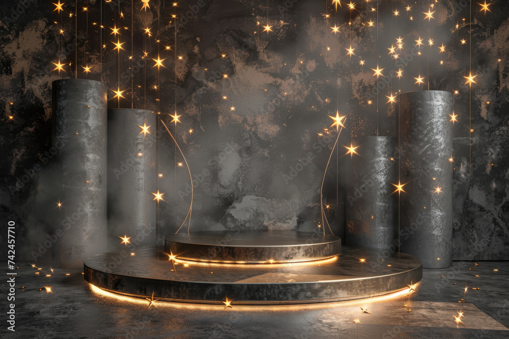 Free stage with lights and smoke, Empty stage with gold yellow ...