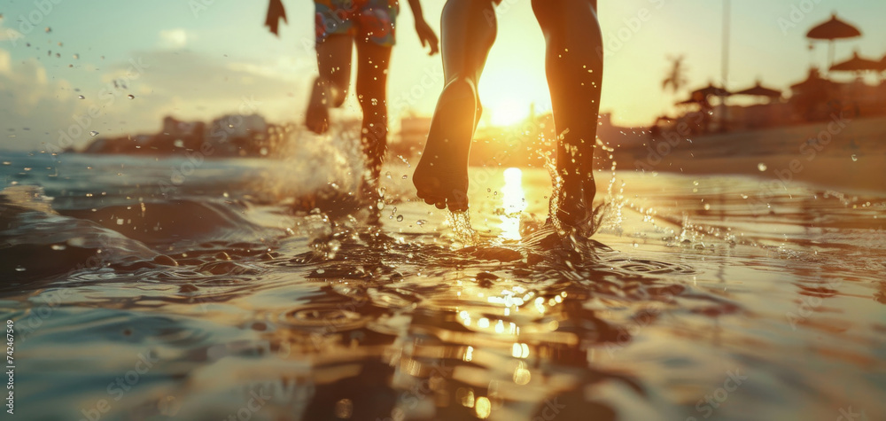 Silhouettes of people walking on the beach at sunset with splashes ...
