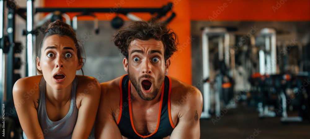 surprised and shocked faces of a guy and a girl in a gym with exercise ...