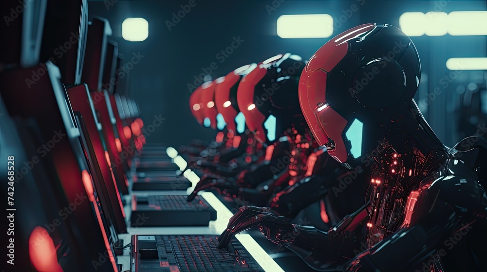 Combat robot in military metal armor. Futuristic cyborg security guard ...