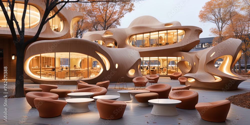 Twisted window frames framing the view of the courtyard of the building ...