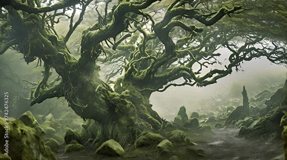 Abstract animation of lifeless tree against the barren landscape ...