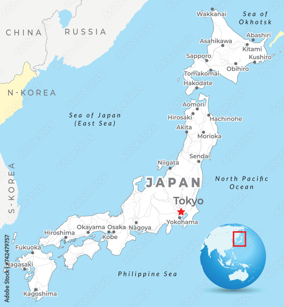 Japan map with capital Tokyo, most important cities and national ...