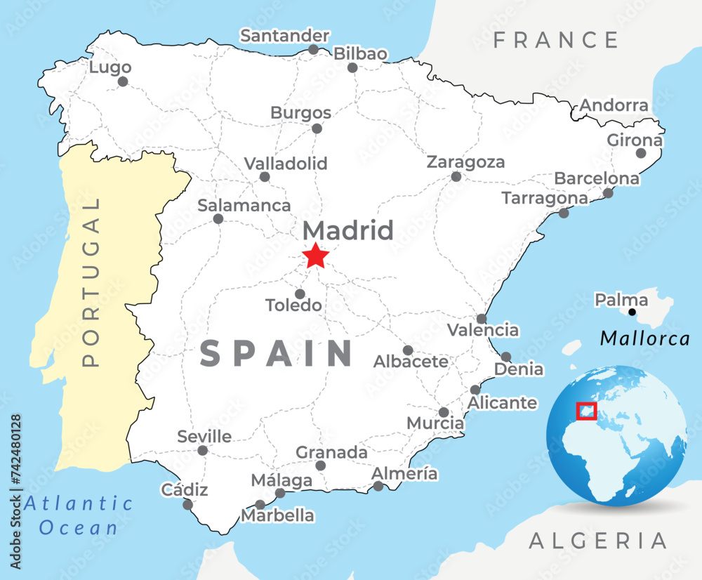 Spain map with capital Madrid, most important cities and national ...