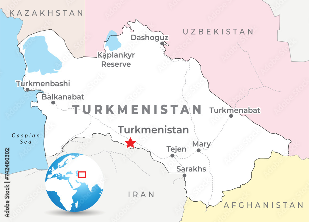 Turkmenistan map with capital Ashgabat, most important cities and ...