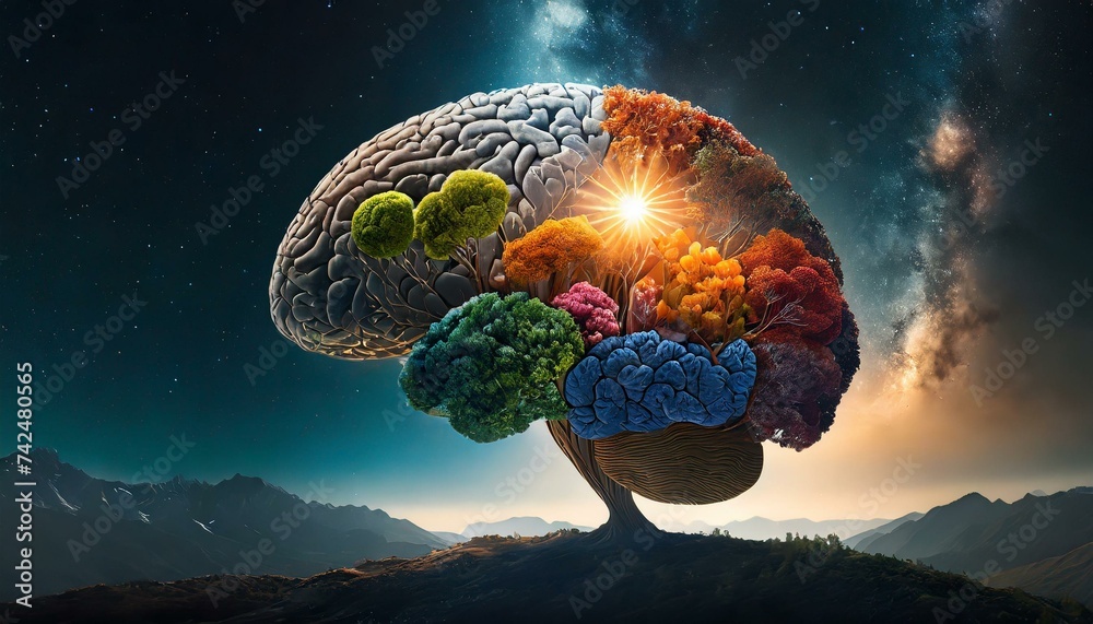 Silhouette of a brain with nature materials in front of epic background ...