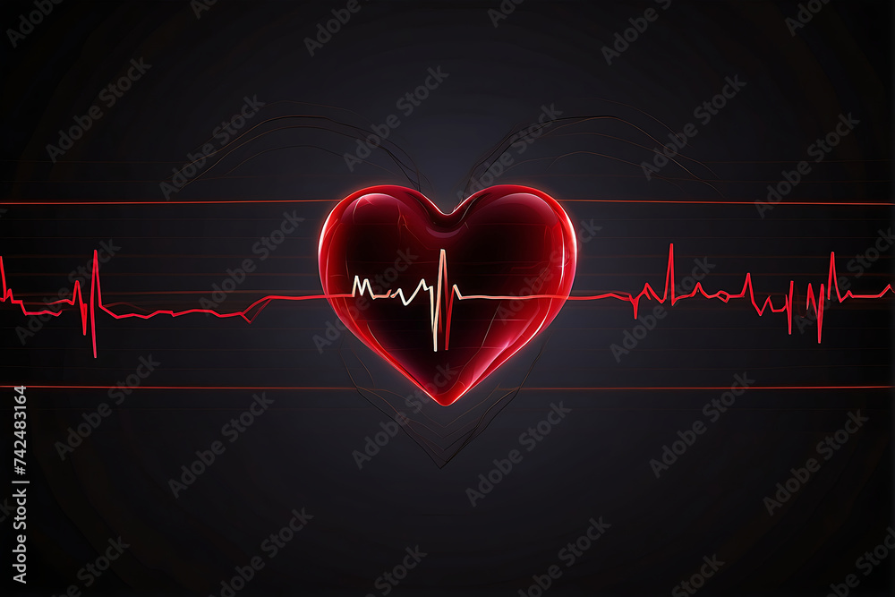 Red cardiogram pulse line stylized within a human heart shape against a ...