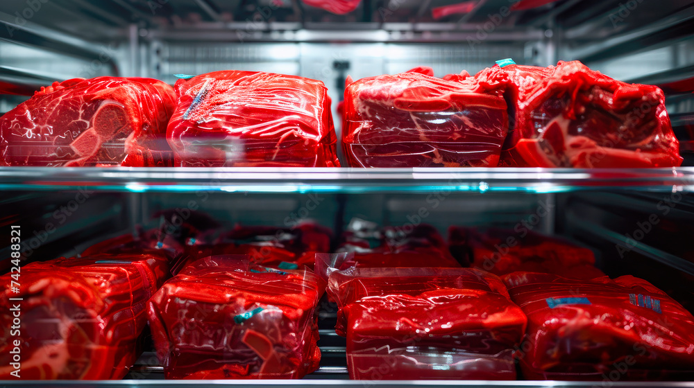 Big pieces of red raw meat in a large modern refrigeration cabinet ...