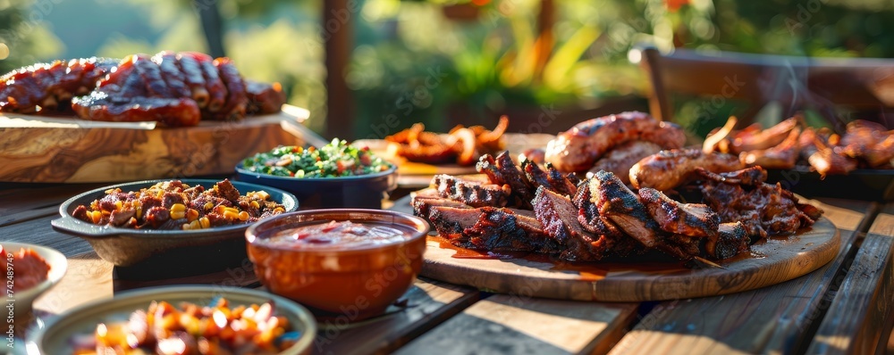 Smoky barbecue spread variety of meats glistening with sauce rustic ...