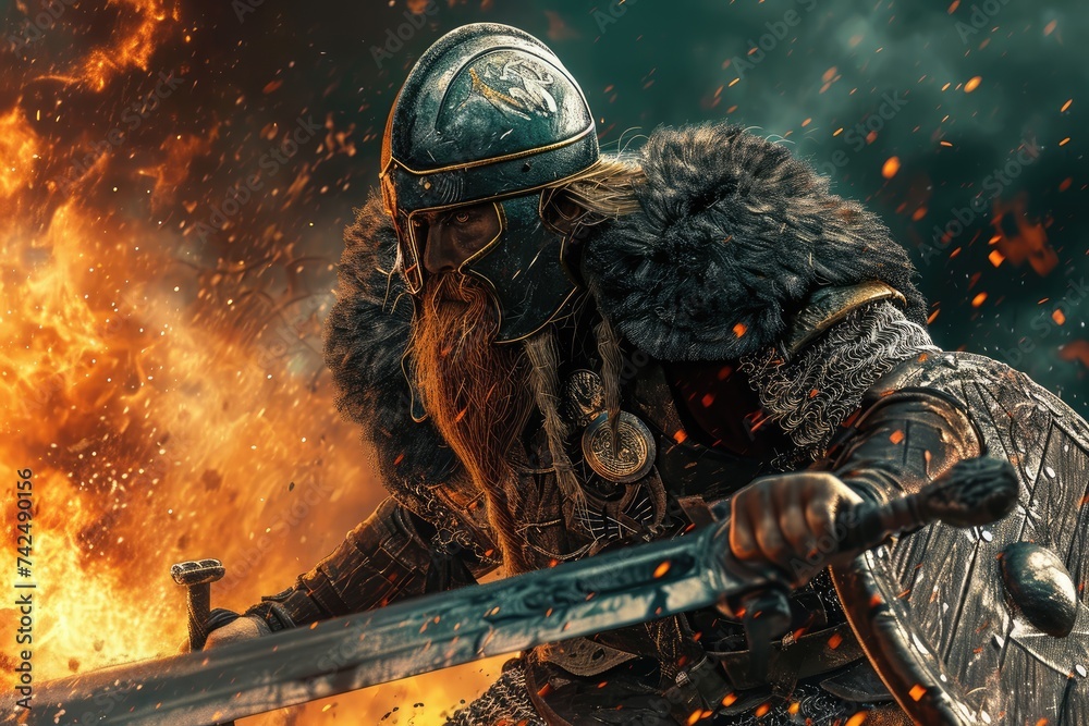 Legendary Norse Warrior: With a Shield and Gladius Sword in Hands, a ...