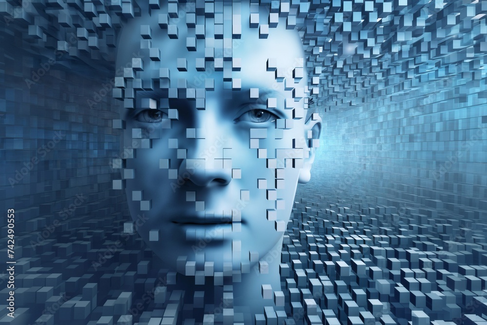 man's face with 3D cubes and particles in space as symbol of augmented ...