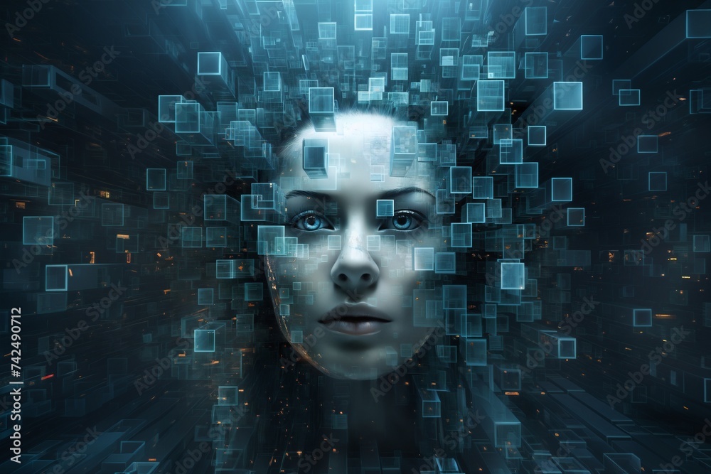 woman's face with 3D cubes and particles in space as symbol of ...