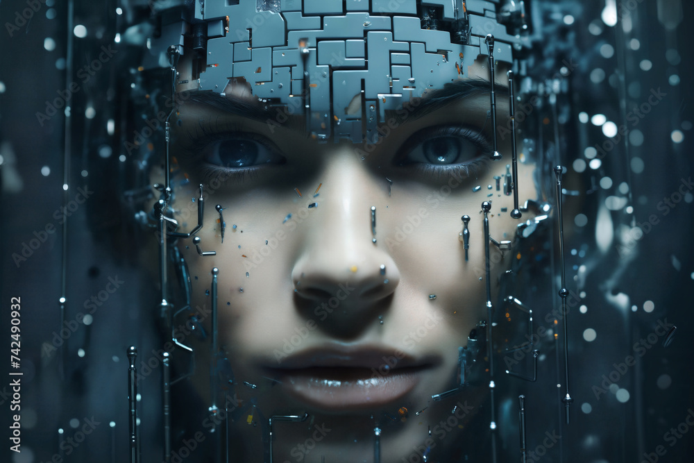 a woman's face with 3D particles in space as a symbol of augmented ...