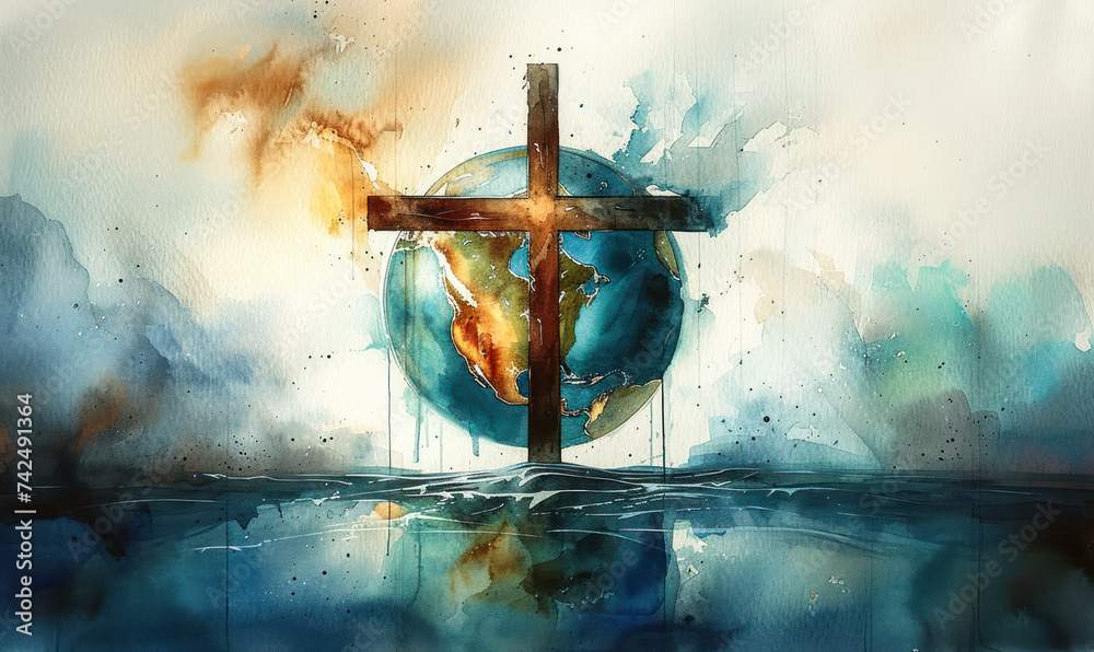 Watercolor painting of Earth cradled by a Christian cross, representing ...
