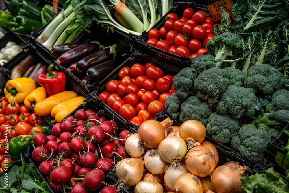 lose-up of a vegetable stall at a farmer's market, highlighting the ...