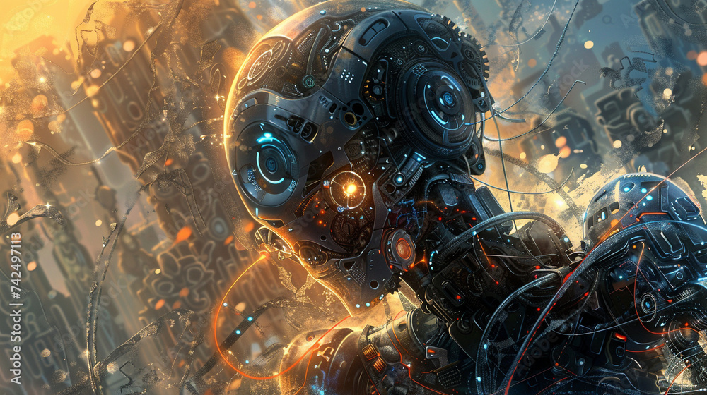 Illustrate a visually stunning sci fi artwork portraying a humanoid ...
