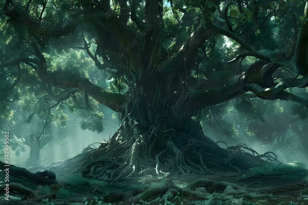 Tower of a tree with extensive roots reaching deep into the earth ...