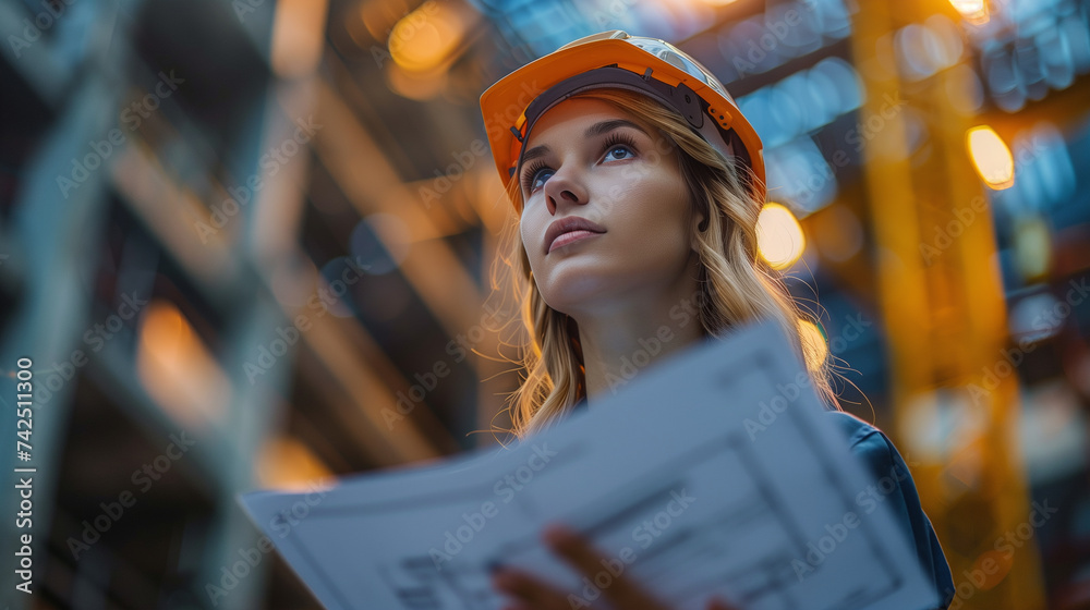 Female engineer holding construction plans with a blurred construction ...