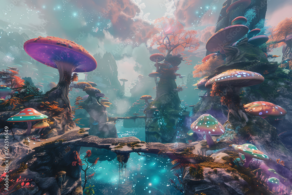 VR Wonderland. An imaginary scene, a surreal and fantastical VR world ...