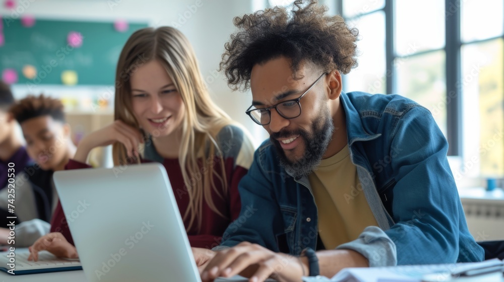 Collaborative Learning: Two students engaging with a laptop in a ...