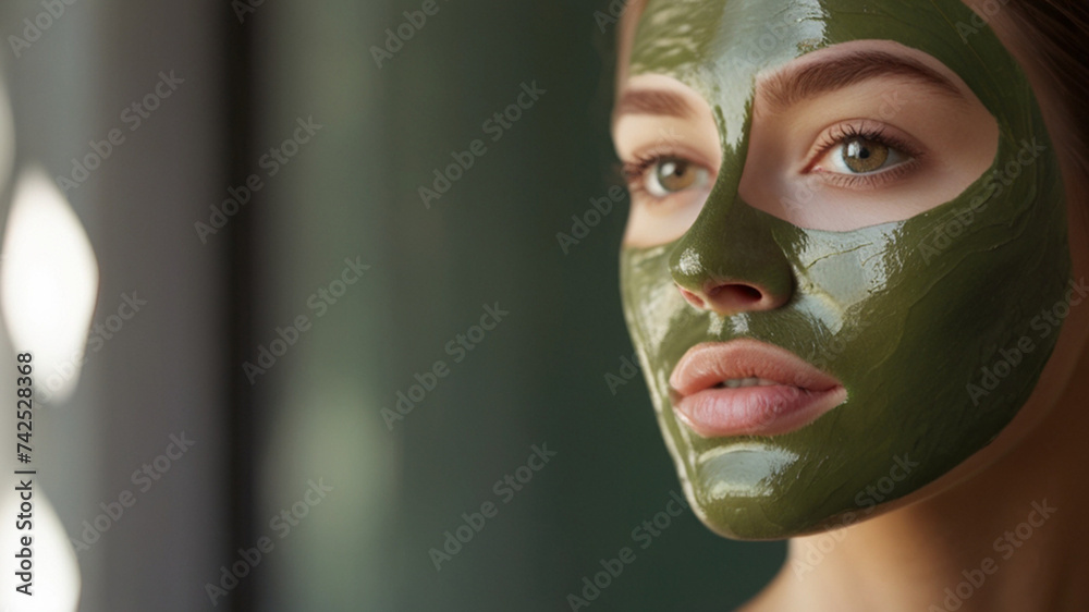 Gorgeous young woman with skin care green mask on her face, for ...