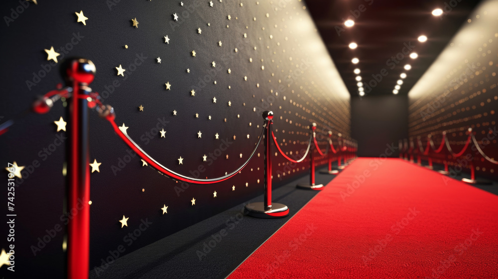 Black wall with golden stars backdrop next to red carpet. Brand ...