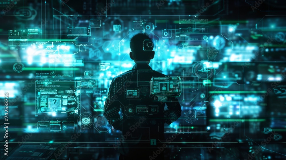 Silhouetted man interacts with a complex holographic display of data ...