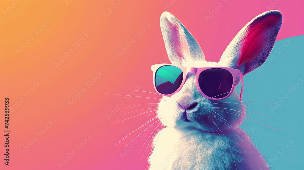 Cool white rabbit in sunglasses on vibrant background. Abstract summer ...