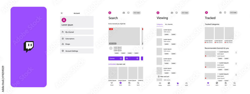 Vetor de Twitch mobile interface. Twitch screen social media, streaming ...