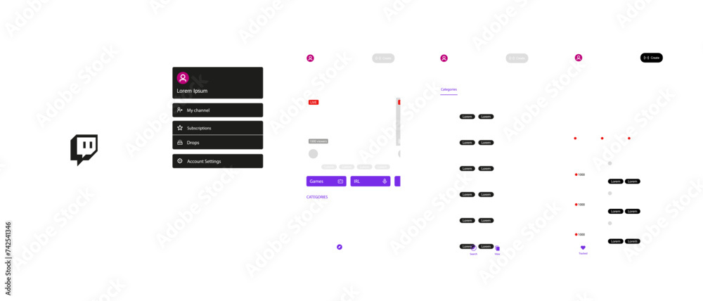 Twitch mobile interface. Twitch screen social media, streaming platform ...