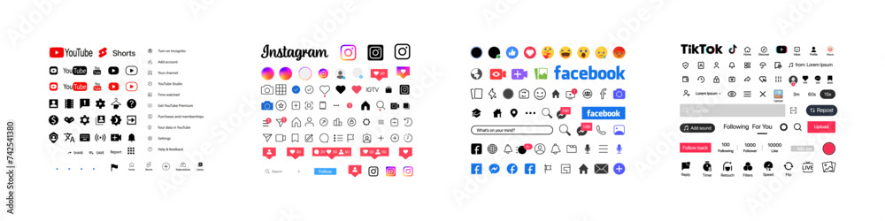 Instagram, Tik Tok, Facebook, YouTube button icon. Set screen social ...