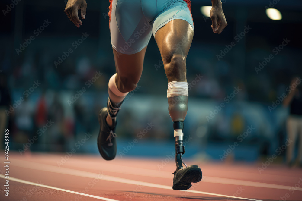 Disabled para-athlete with prosthetic blades running at stadium. Male ...