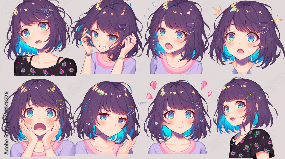 collection of cute anime girl idol expressions Stock Illustration ...