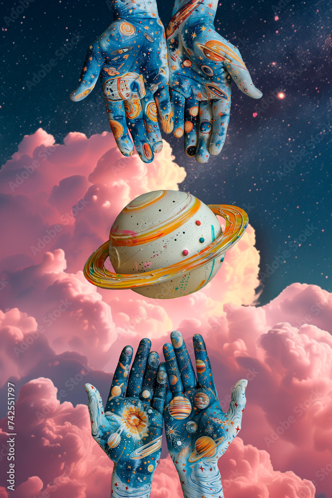modern poster in collage style. outer space with plaster gods, art ...