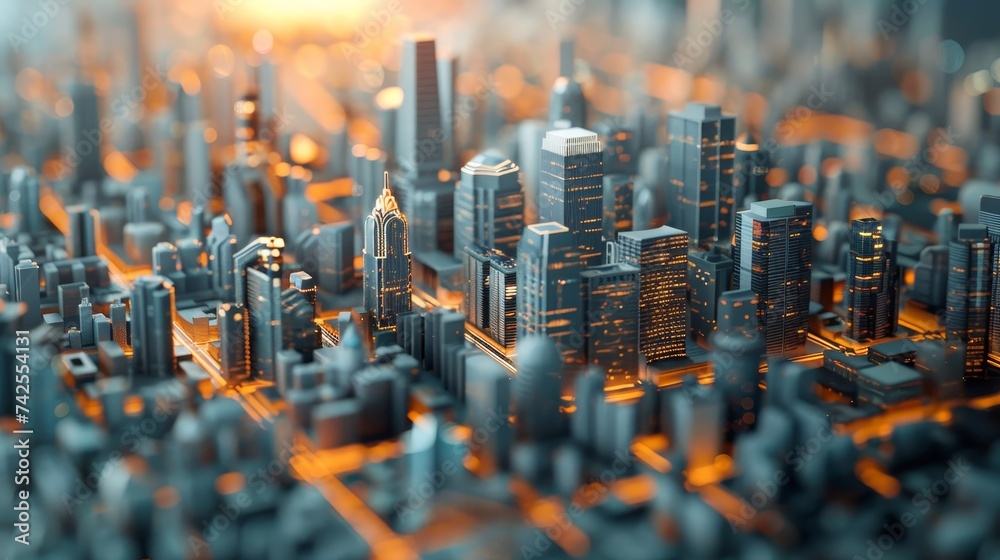 Early morning light cascades across a detailed 3D printed model city ...