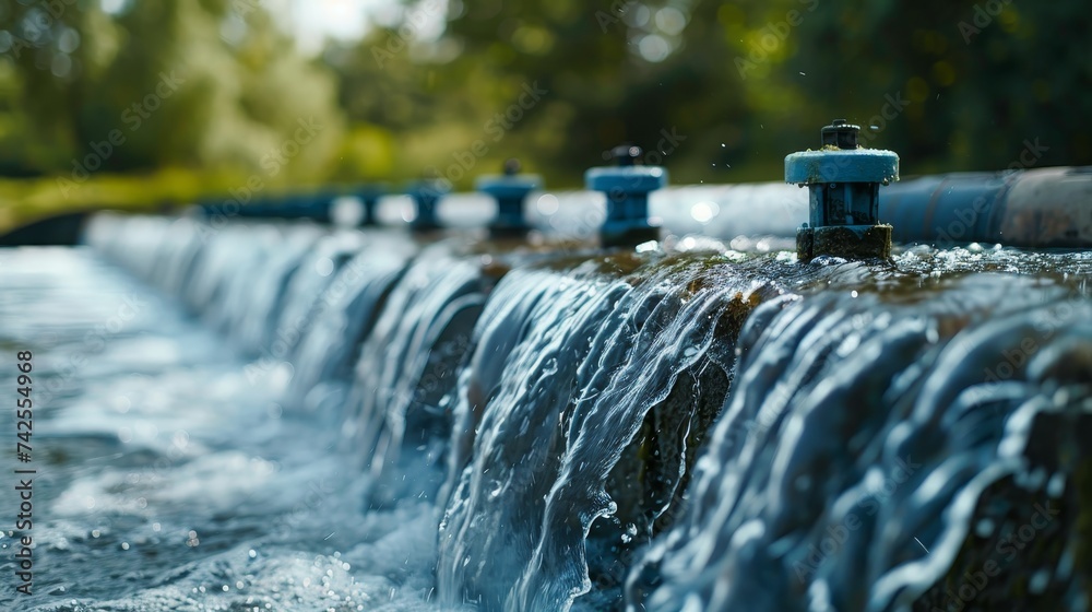 Water cascades over the barriers in a water treatment plant during the ...