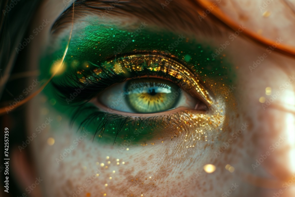 Close-up shot of her vivid green eyes, sparkling with excitement and ...