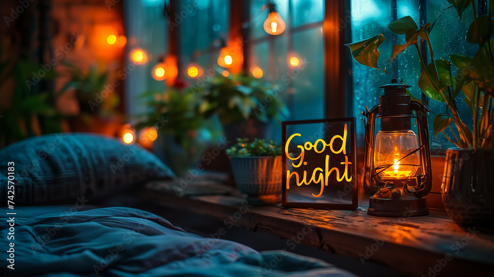 Good night sign on the window sill in the bedroom with candles and ...