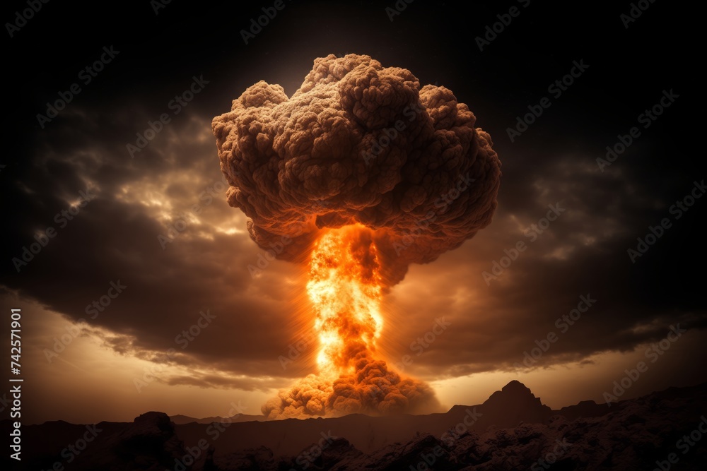 Modern nuclear bomb explosion in uninhabited area in sea or desert ...