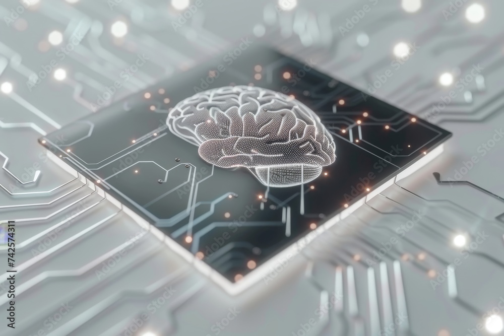 AI Brain Chip purple. Artificial Intelligence enhancement mind synaptic depression mechanisms ...