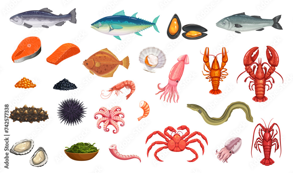 Cartoon seafood and fish, vector food. Shrimp, lobster and crab, oyster ...