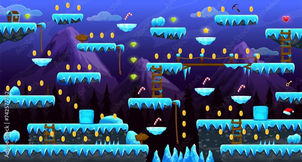Arcade frozen world game level map interface. Ice platforms and stairs ...