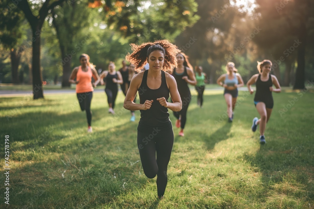 Outdoor fitness boot camp with a coach leading a diverse group of ...