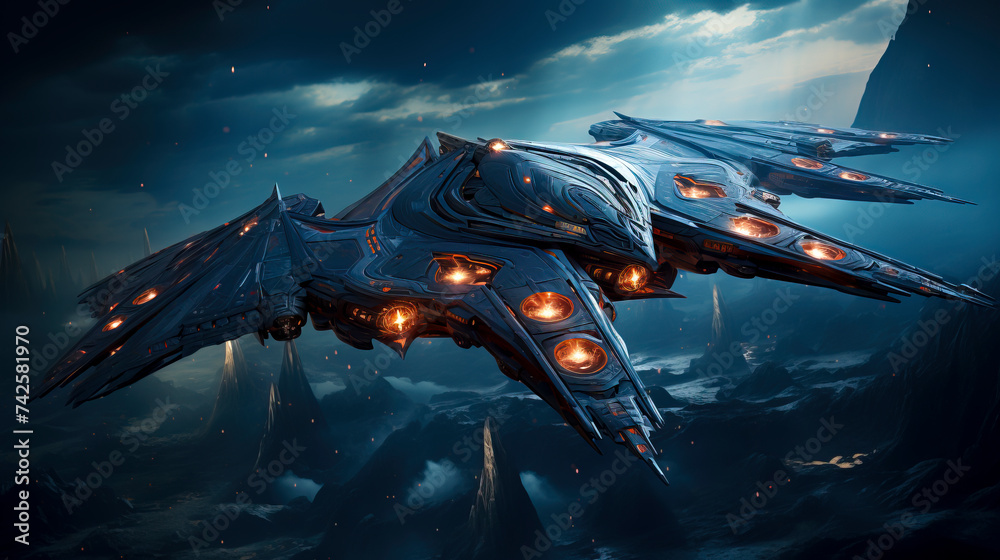 Sleek Blue Spacefighter Soaring Over Alien Terrain created with ...