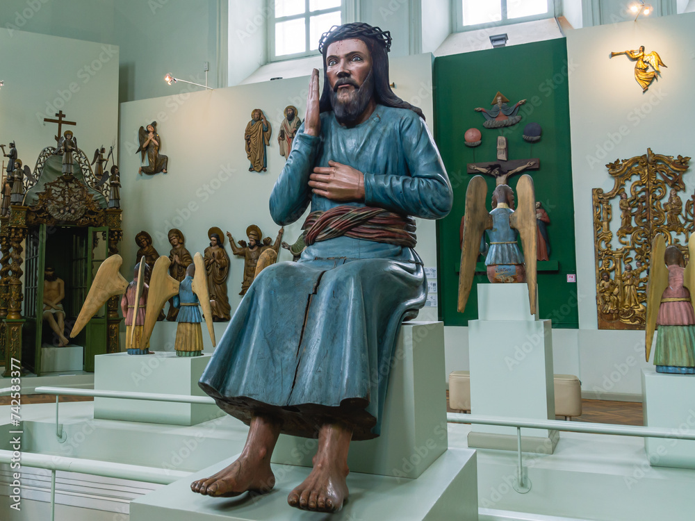 Perm wooden sculpture. A god carved out of wood. Ancient sculptures in ...