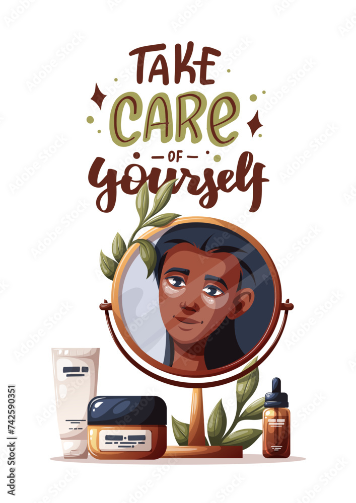 Card design with dark skin woman in the mirror reflection, creams ...