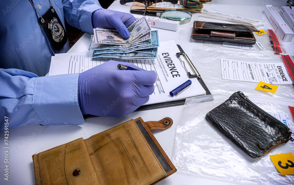 Specialised police officer notes dollar banknote reference of a robbery ...
