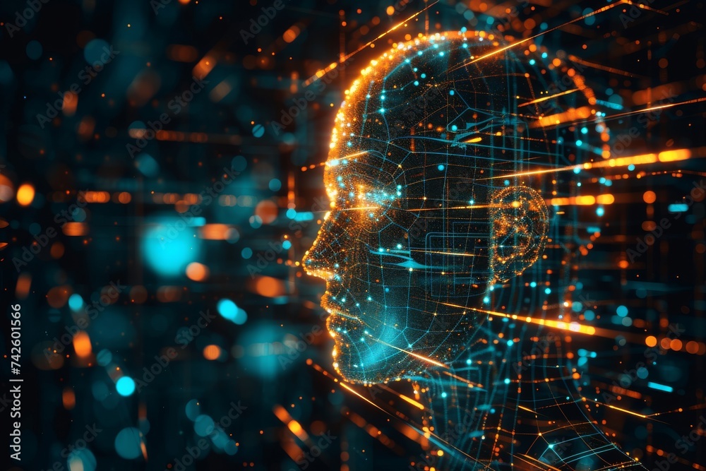 AI Brain Chip invasive. Artificial Intelligence memory human neon ...