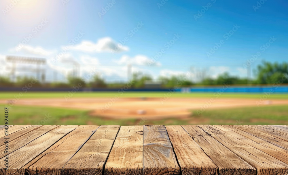 Empty wooden table with blurred baseball field background. Table top ...